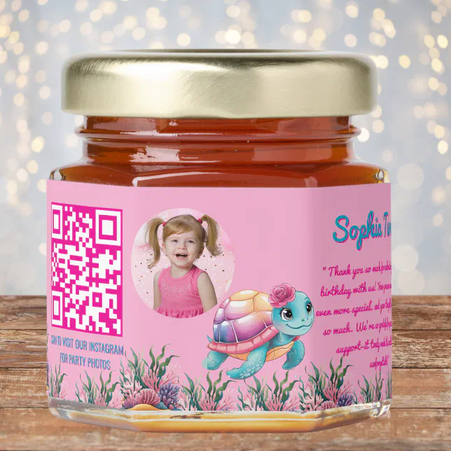 Cute Whimsical Floral Turtle Qr Code Kids Birthday Honey Jar Favors ...