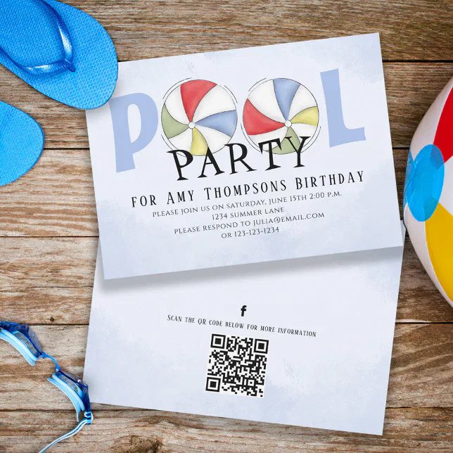 Cute Whimsical Fun Pool Party QR Code Social Media Invitation | Zazzle