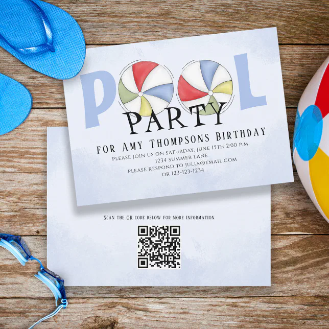Cute Whimsical Fun Pool Party Summer QR Code Invitation | Zazzle