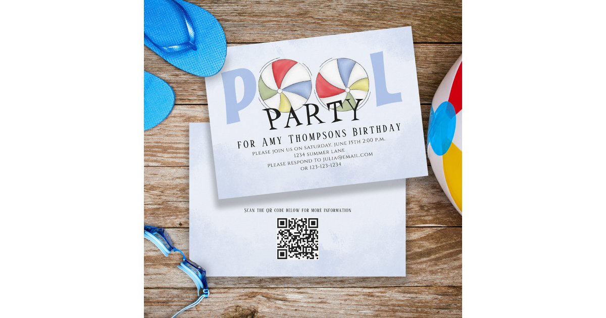 Cute Whimsical Fun Pool Party Summer QR Code Invitation | Zazzle