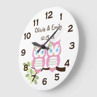 Cute Whimsical Girl Pink Owl Twins Wall Clock | Zazzle