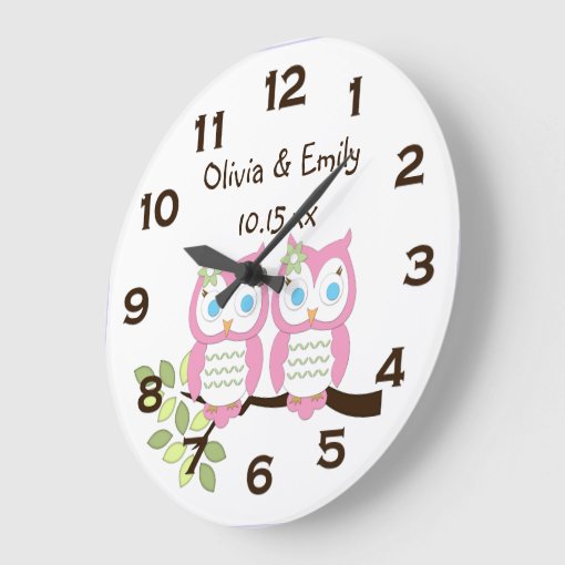 Cute Whimsical Girl Pink Owl Twins Wall Clock | Zazzle