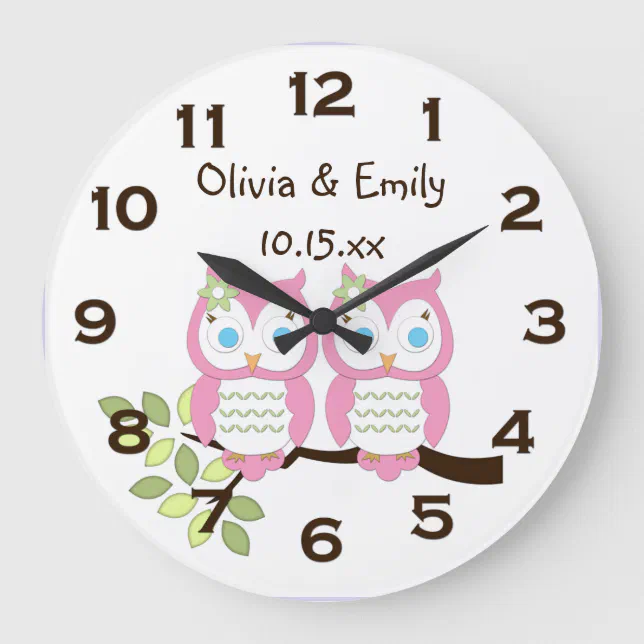Cute Whimsical Girl Pink Owl Twins Wall Clock | Zazzle