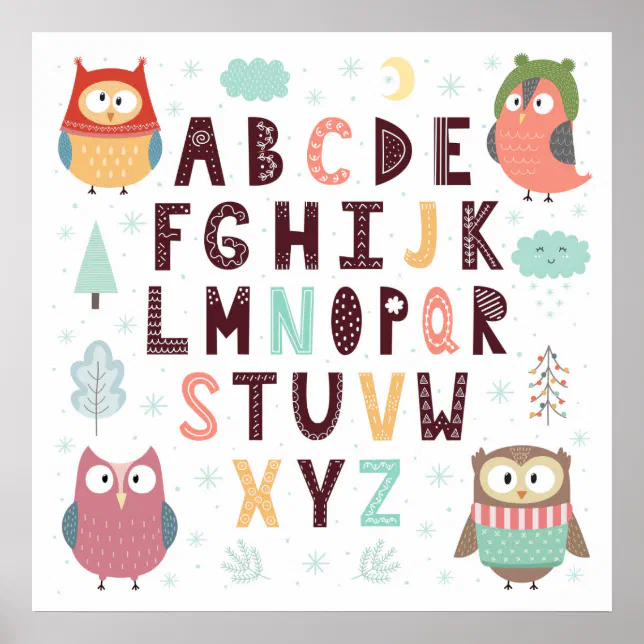 Cute Whimsical Owls ABC Letters Alphabet Education Poster | Zazzle