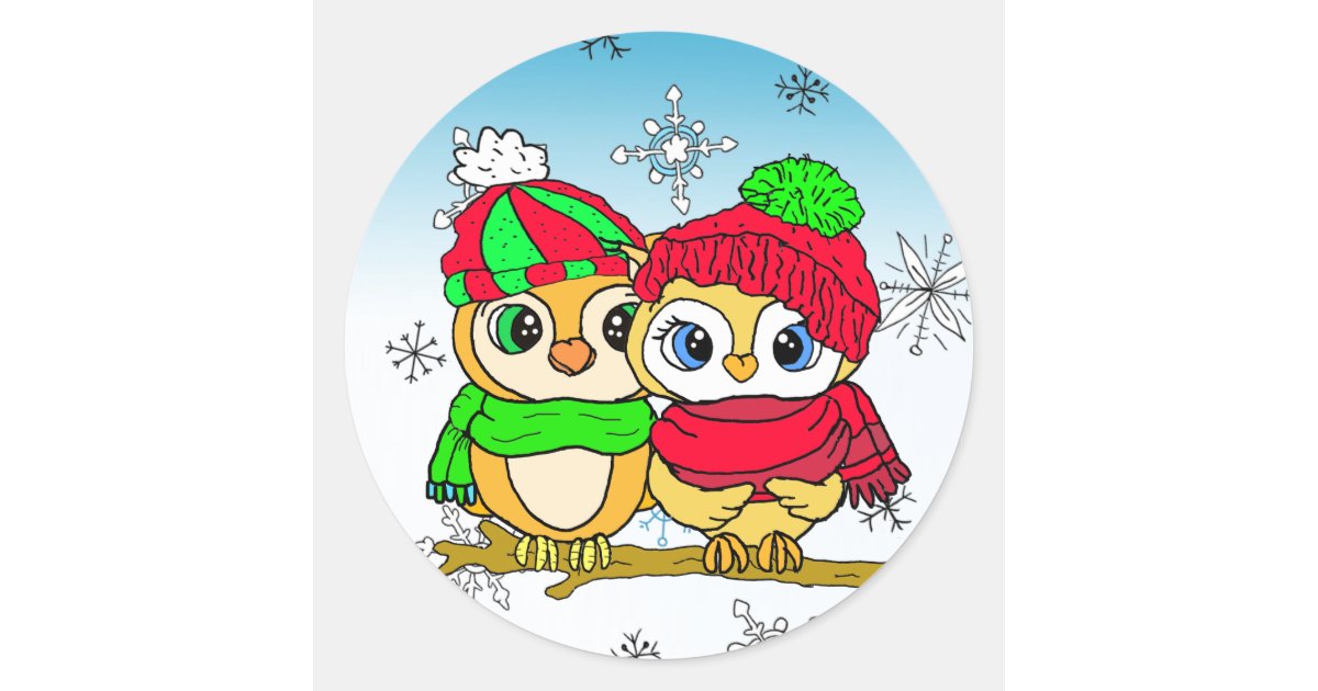 Cute Whimsical Owls on Winter Day Christmas Classic Round Sticker | Zazzle