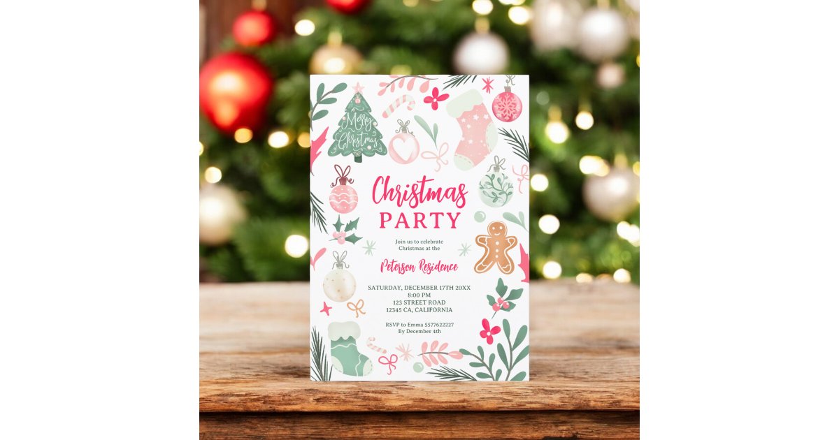 Cute Whimsical Pink Christmas party illustrations Invitation | Zazzle