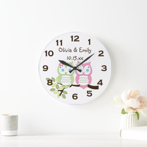 Cute Whimsical Pink Green Owl Twins Wall Clock | Zazzle