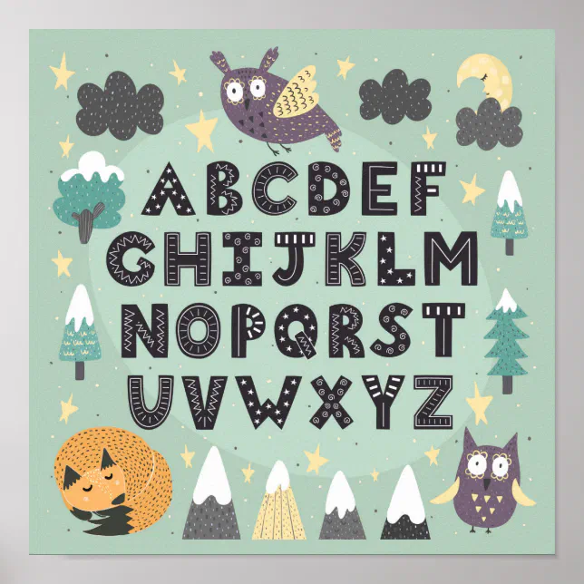 Cute Whimsical Woodland Animals ABC Alphabet Poster | Zazzle