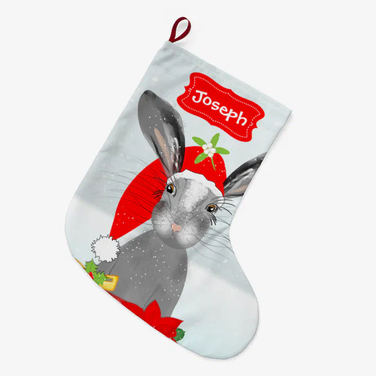 Cute Whimsy Christmas Bunny Rabbit Peronalized Large Christmas Stocking ...