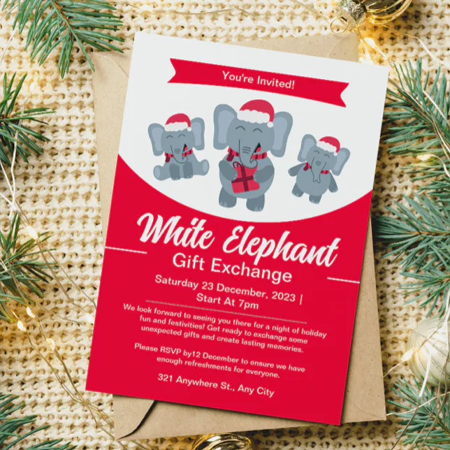 Cute White Elephant Gift Exchange Invitation | Zazzle