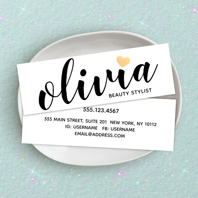 Cute White Gold Heart Calligraphy Beauty Stylist B Mini Business Card ...
