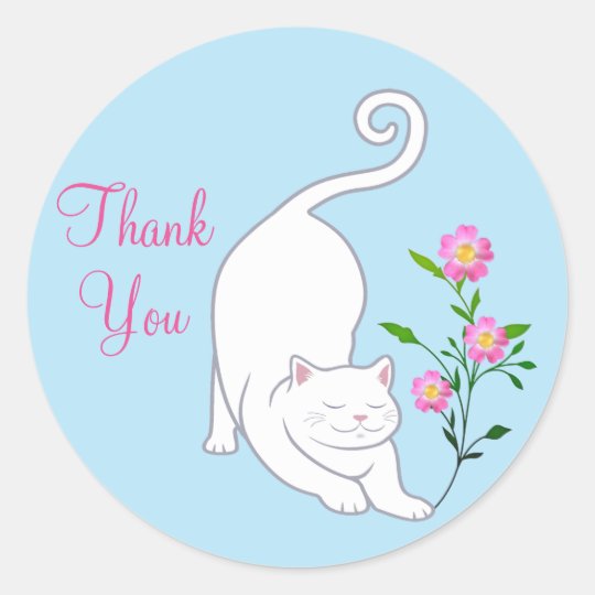 Cute white kitty cat with flowers Thank You Classic Round Sticker ...