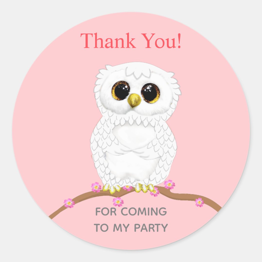 Cute white owl on light pink thank you classic round sticker | Zazzle