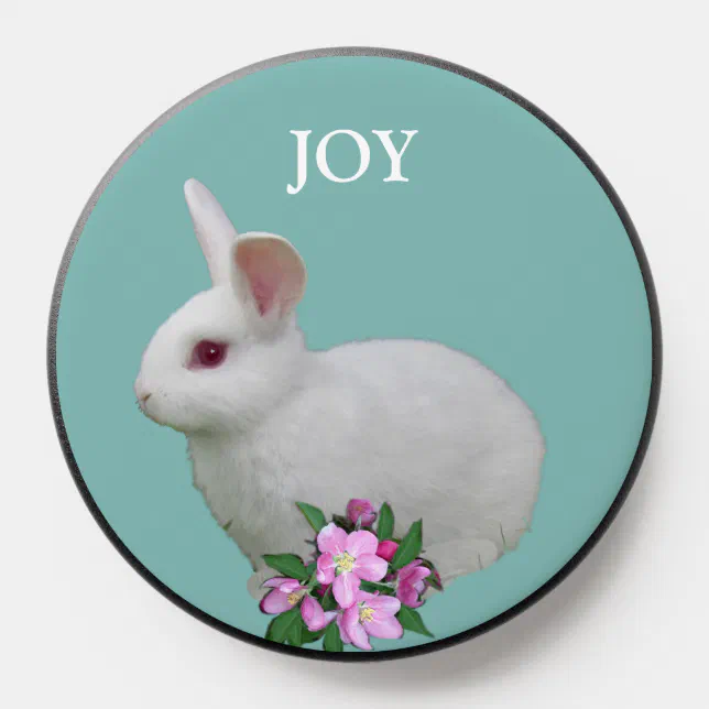 Cute White Rabbit & Flowers on Light Blue PopSocket | Zazzle