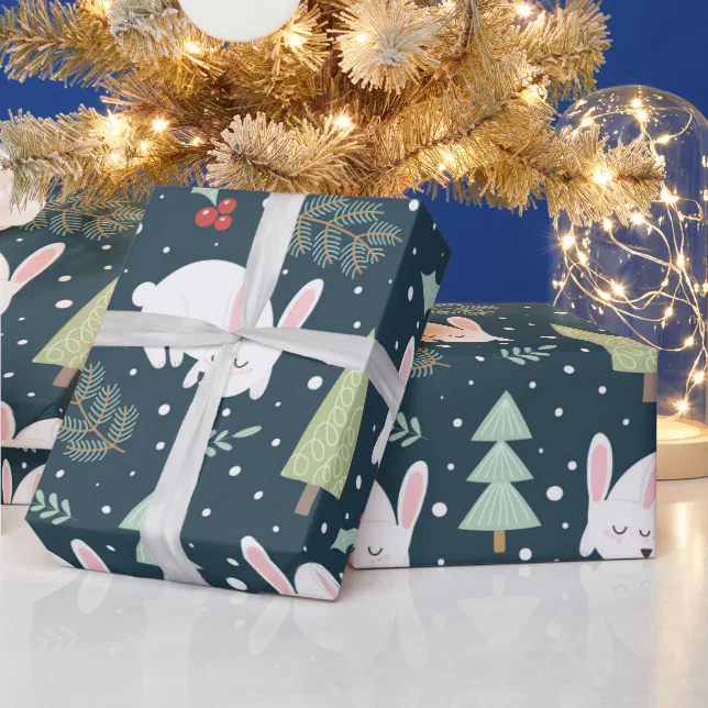 Cute White Rabbit Woodland Themed Christmas Wrapping Paper | Zazzle