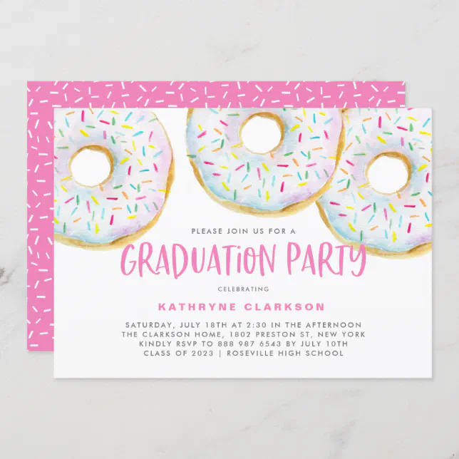Cute White Watercolor Donuts Graduation Party Invitation | Zazzle