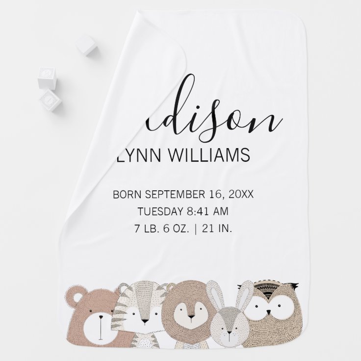 Cute Wild Animals Birth Stats Baby Blanket | Zazzle