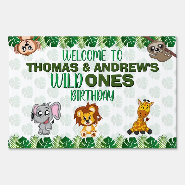 Cute Wild One Safari Jungle Animals 1st Birthday Sign | Zazzle