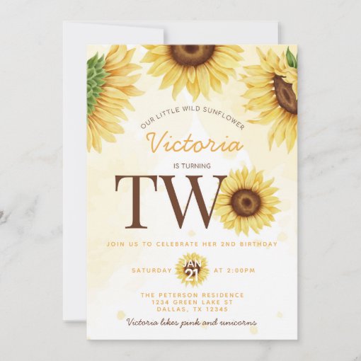 Cute Wild Sunflower turning TWO 2nd Birthday Party Invitation | Zazzle