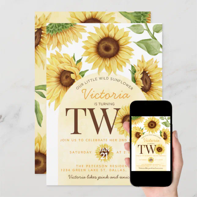 Cute Wild Sunflower turning TWO 2nd Birthday Party Invitation | Zazzle