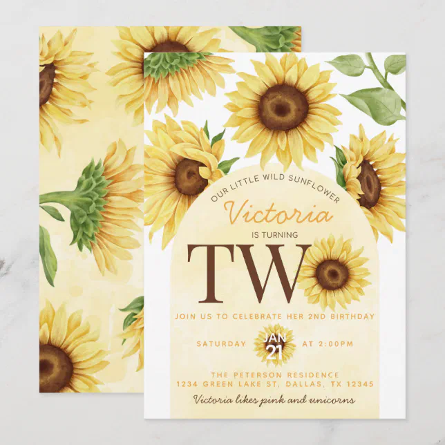Cute Wild Sunflower turning TWO 2nd Birthday Party Invitation | Zazzle