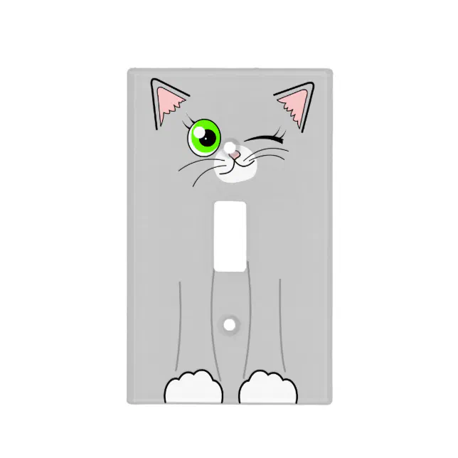 Cute Winking Grey and White Cat Cartoon Light Switch Cover | Zazzle