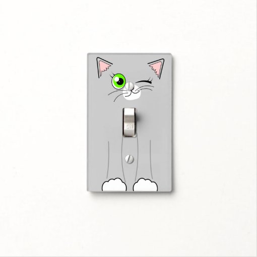 Cute Winking Grey and White Cat Cartoon Light Switch Cover | Zazzle
