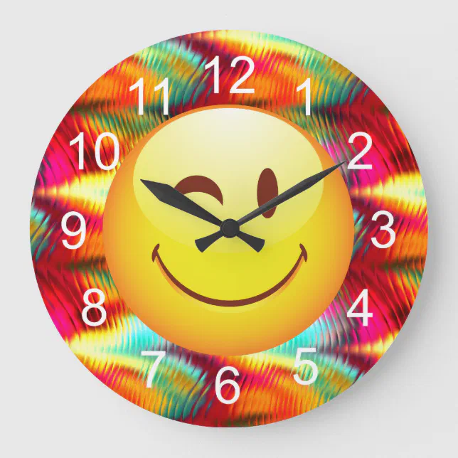 Cute Winking Happy Face and Bright Colors Large Clock | Zazzle