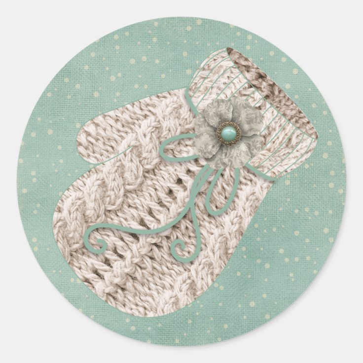 Cute winter cable knit mitten vintage snow classic round sticker | Zazzle