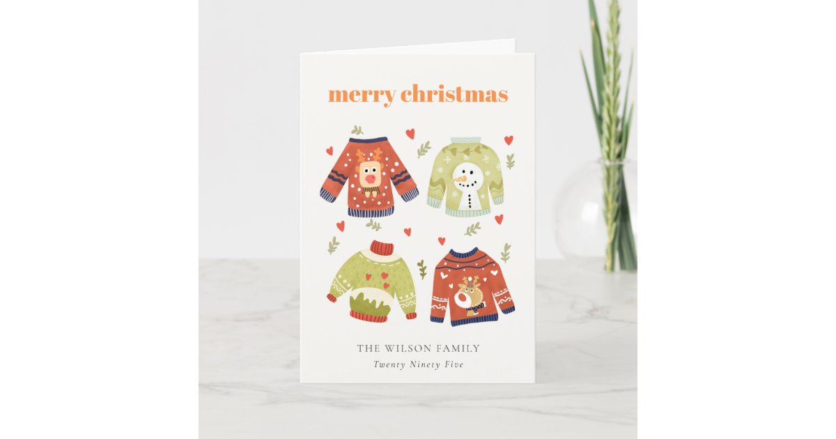 Cute Winter Christmas Hearts Leafy Ugly Sweater Holiday Card | Zazzle
