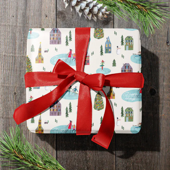 Cute Winter House Village Scene Christmas Wrapping Paper | Zazzle