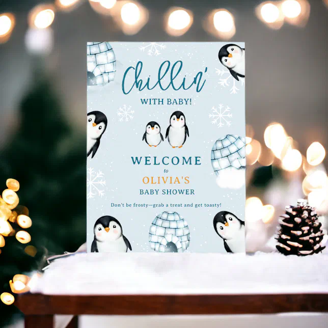 Cute winter penguin igloos welcome baby shower poster | Zazzle