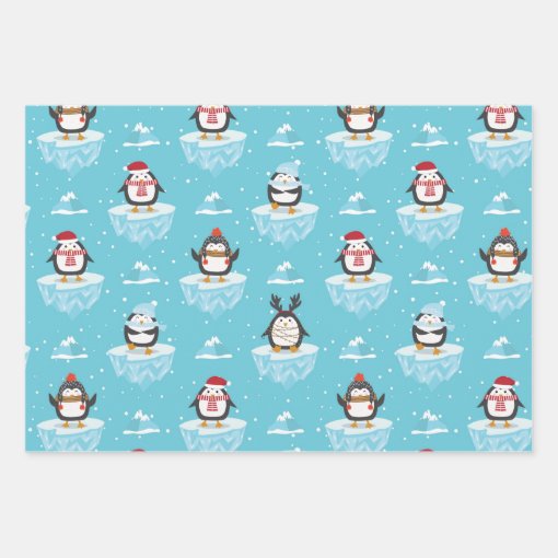 Cute Winter Penguins in Three Patterns Wrapping Paper Sheets | Zazzle