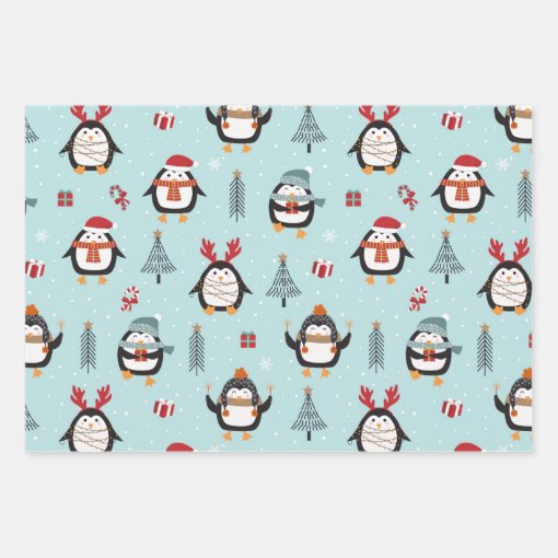 Cute Winter Penguins in Three Patterns Wrapping Paper Sheets | Zazzle