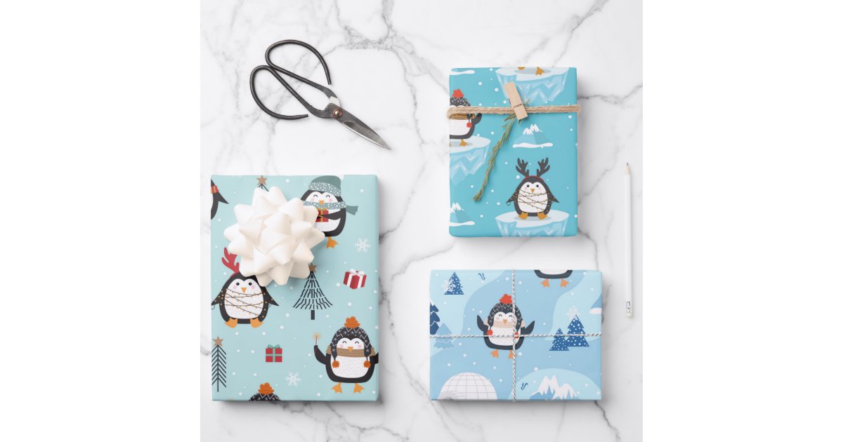 Cute Winter Penguins in Three Patterns Wrapping Paper Sheets | Zazzle
