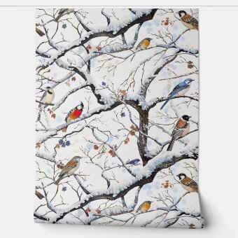 Cute Winter Tree Birds Berries Nature Nursery Room Wallpaper | Zazzle