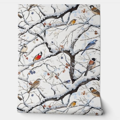 Cute Winter Tree Birds Berries Nature Nursery Room Wallpaper | Zazzle