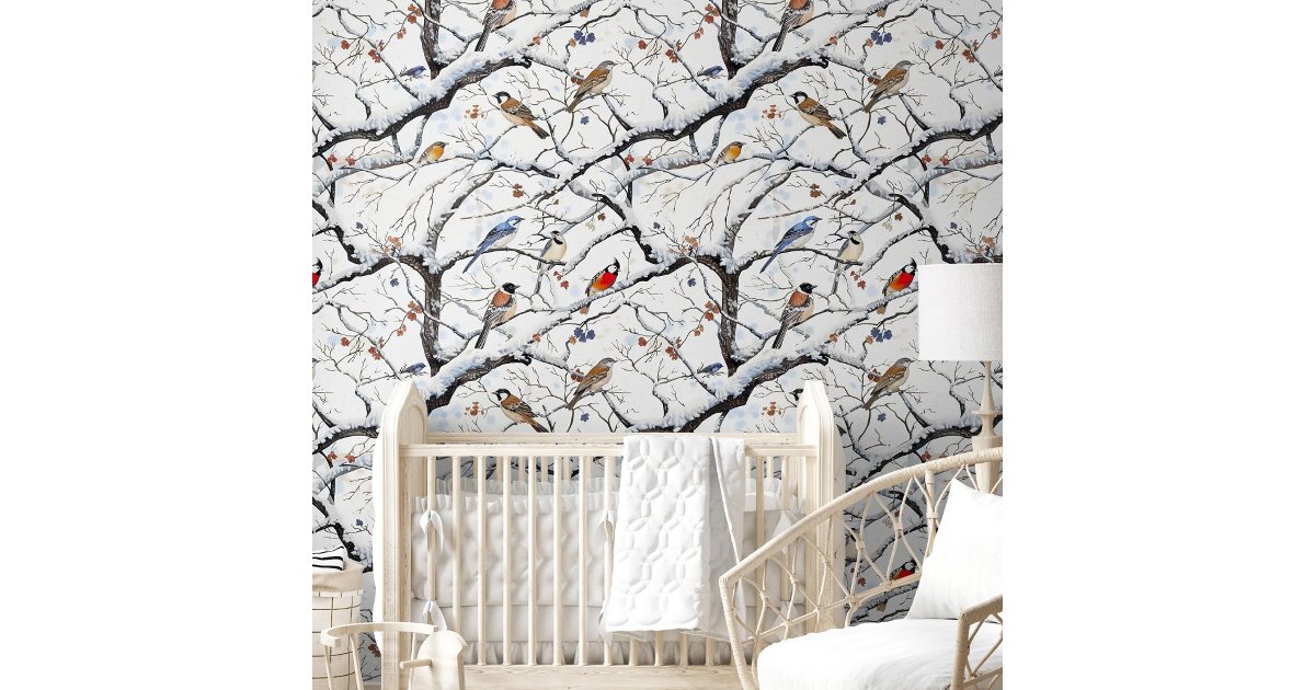 Cute Winter Tree Birds Berries Nature Nursery Room Wallpaper | Zazzle
