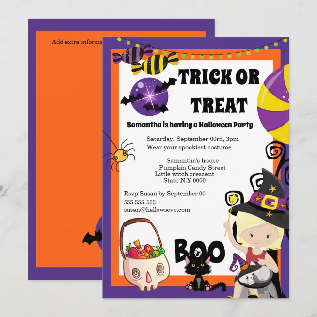 Cute witch black cat candy kids halloween party invitation | Zazzle