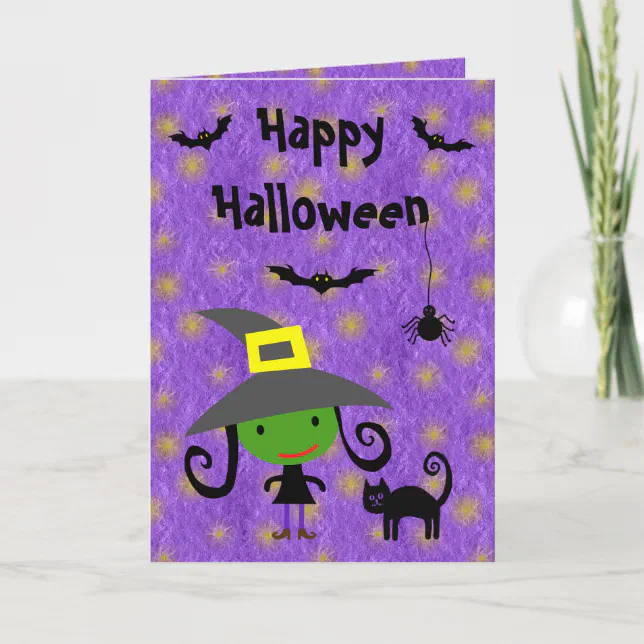 Cute Witch, Cat, Bats & Spider Purple Halloween Card | Zazzle