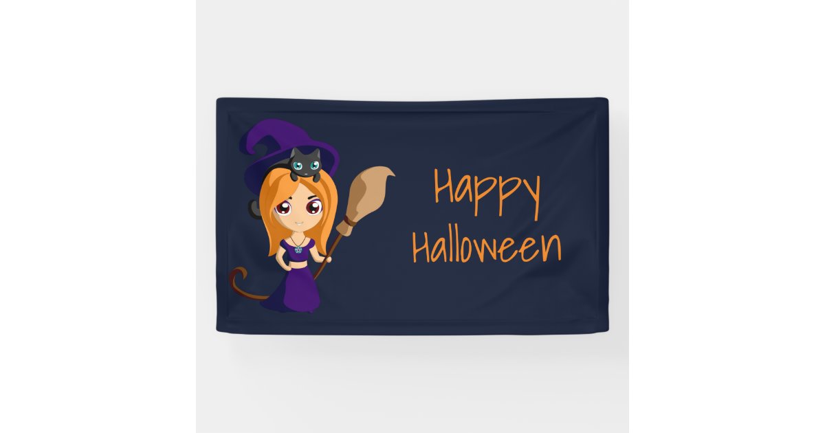 Cute Witch in Purple Hat Happy Halloween Banner | Zazzle