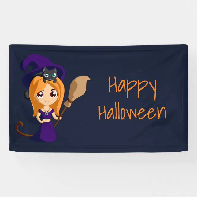 Cute Witch in Purple Hat Happy Halloween Banner | Zazzle