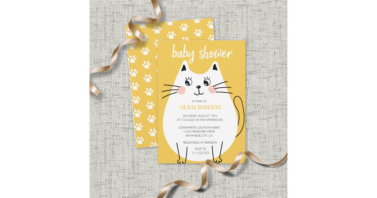 Cute Wite Kitty Cat Baby Shower Invitation | Zazzle