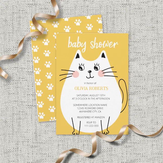 Cute Wite Kitty Cat Baby Shower Invitation | Zazzle