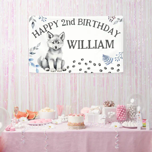 Cute wolf cub two wild happy birthday party banner | Zazzle