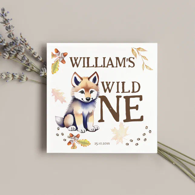 Cute wolf cub wild one woodlands birthday party napkins | Zazzle