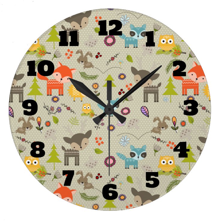 Cute Woodland Animals and Flowers Pattern Large Clock | Zazzle