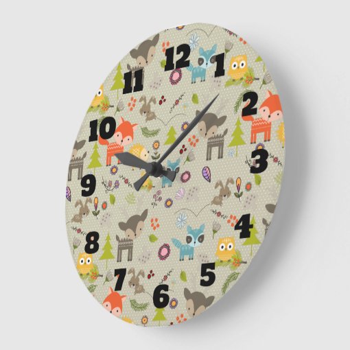 Cute Woodland Animals and Flowers Pattern Large Clock | Zazzle