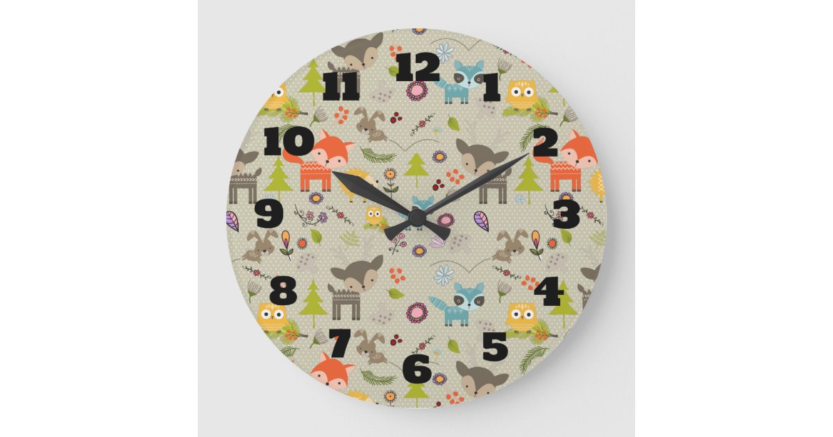 Cute Woodland Animals and Flowers Pattern Large Clock | Zazzle