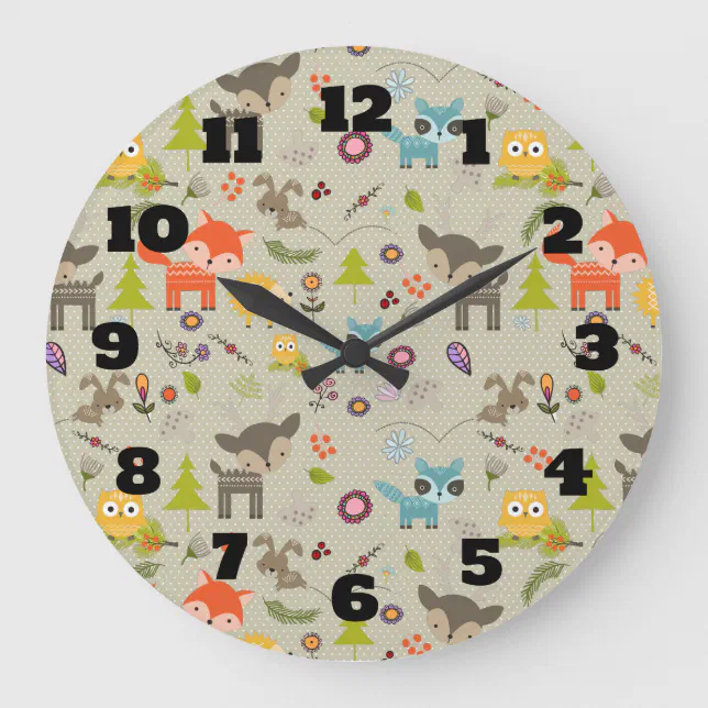 Cute Woodland Animals and Flowers Pattern Large Clock | Zazzle